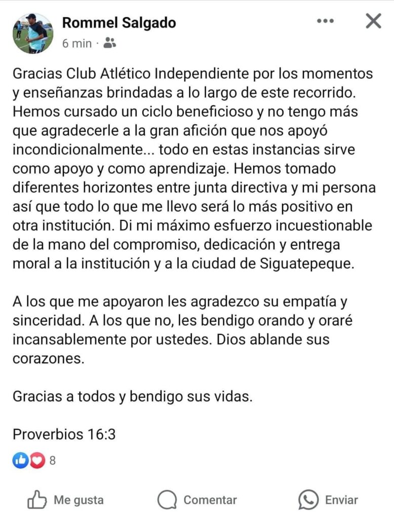 Rommel Salgado no va más en el Atlético Independiente